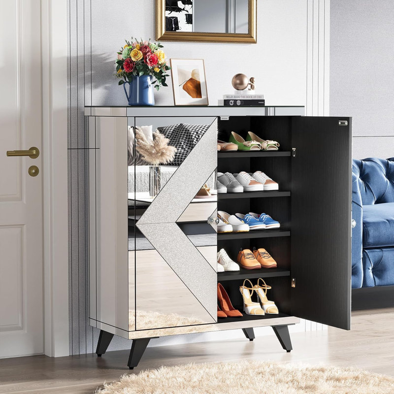 Everly Quinn 31 Inch Shoe Cabinet With Mirrored Doors Entryway Slim Shoe Storage Cabinet With Crystal Crush Diamond Modern Glass Shoes Rack For Entryway Hallway Closet Wayfair